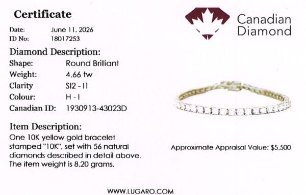 Canadian Diamond Tennis Bracelet In Yellow Gold 4.66 Carat TW